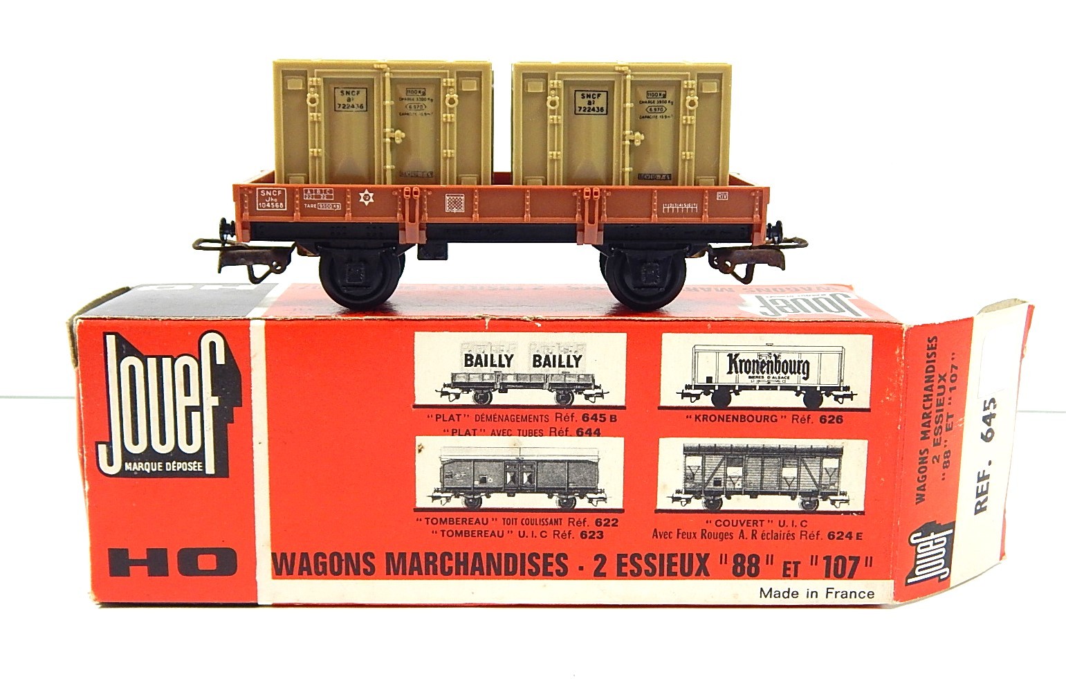 JOUEF WAGON PLAT A ESSIEUX AVEC DEUX CONTAINERS SNCF EN BOITE CARTO...